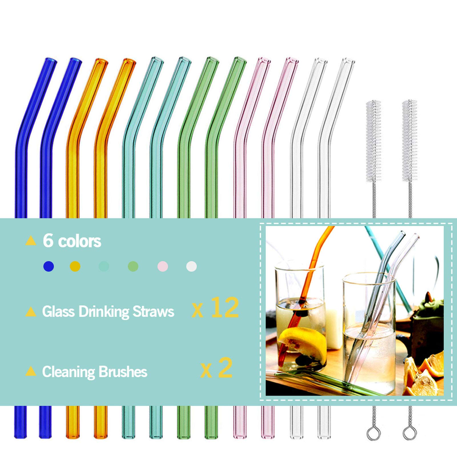 Reusable Bent Glass Drinking Straws,Set of 12 Bent Straws With 2 Cleaning Brushes,Shatter Resistant,Non-Toxic,Eco Friendly Reusable Straws (Multi-Color 12 Pack)