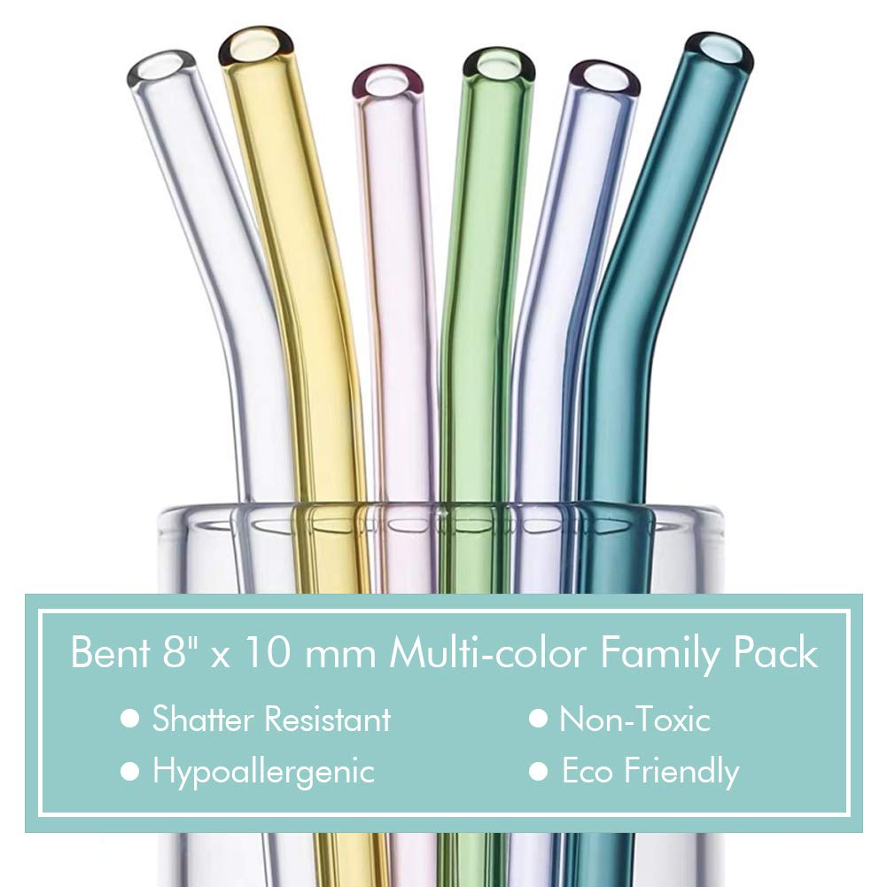 Reusable Bent Glass Drinking Straws,Set of 12 Bent Straws With 2 Cleaning Brushes,Shatter Resistant,Non-Toxic,Eco Friendly Reusable Straws (Multi-Color 12 Pack)