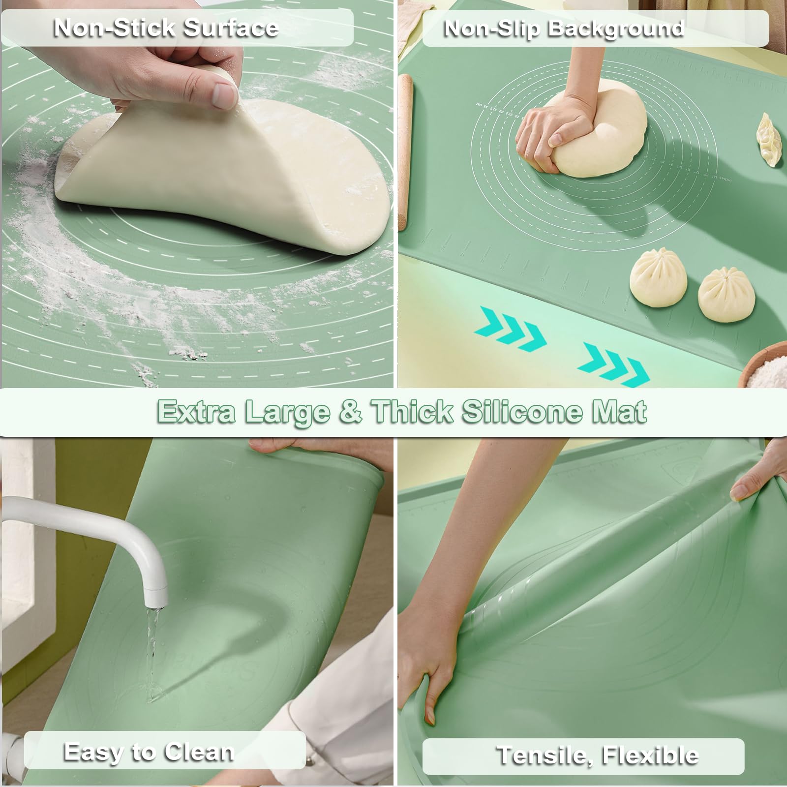 Silicone Pastry Mat Extra Large 28"X20" Non-stick Baking Mat With High Edge, Food Grade Silicone Dough Rolling Mat For Making Cookies Macarons Multipurpose Mat Countertop Mat Placemat (Green)