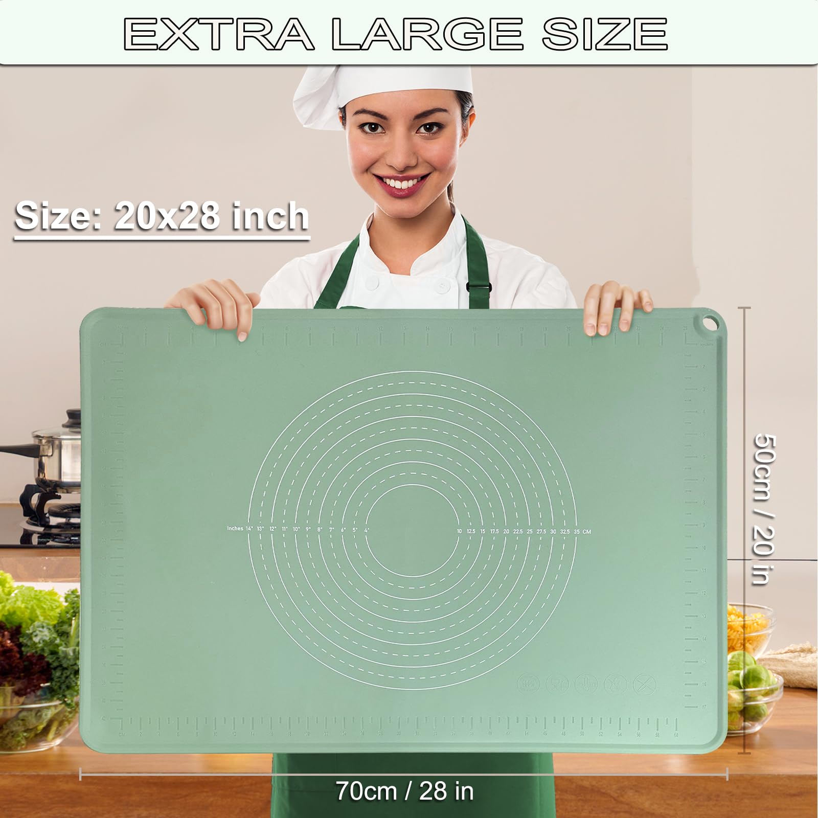 Silicone Pastry Mat Extra Large 28"X20" Non-stick Baking Mat With High Edge, Food Grade Silicone Dough Rolling Mat For Making Cookies Macarons Multipurpose Mat Countertop Mat Placemat (Green)