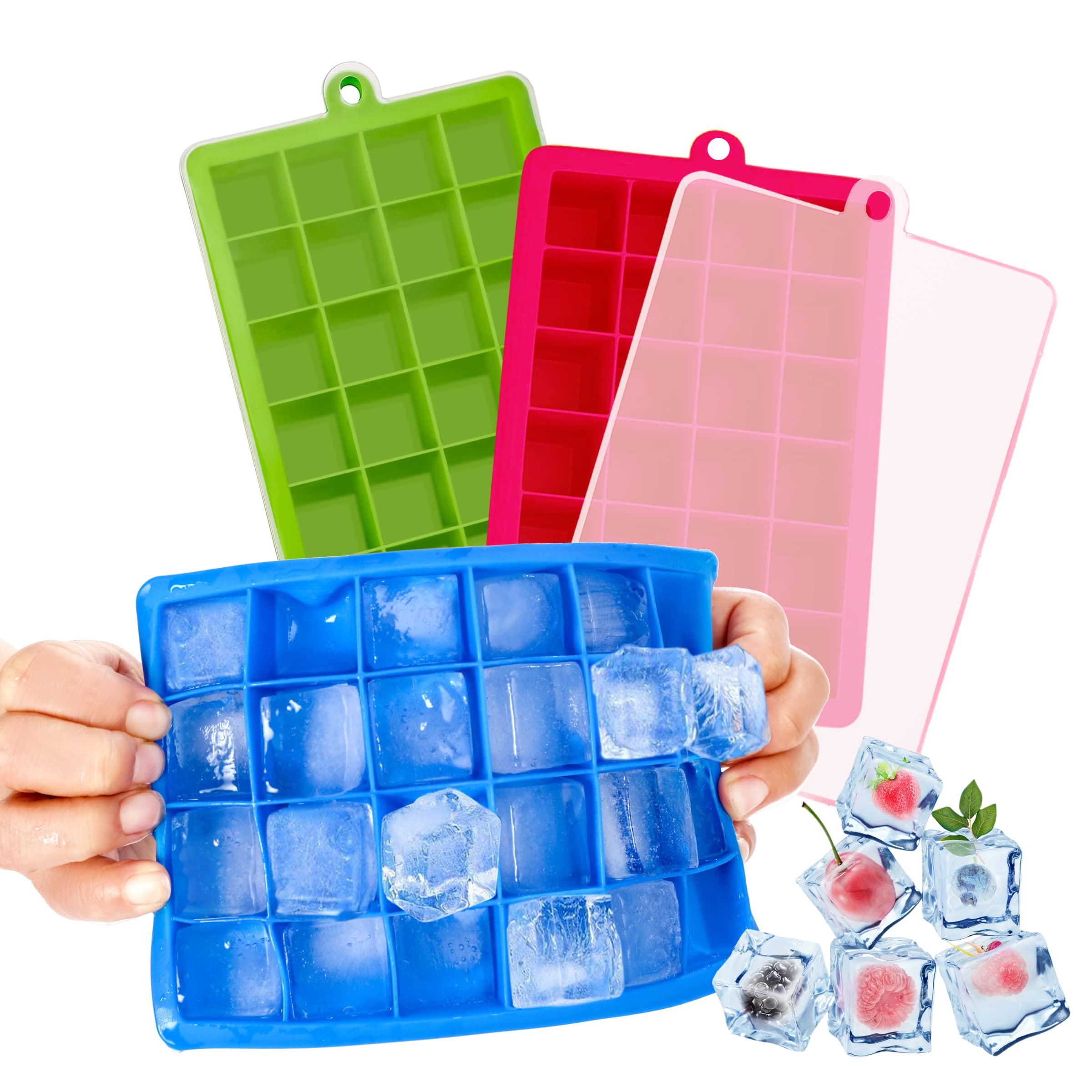 Ice Cube Trays Silicone - 3 Pack Silicone Ice Cube Trays Molds with Lid for Freezer, Removable and Stackable, 24 Ice Cubes Per Trays for Cocktail/Whisky/Beverages (Blue, Green, Rose Red)