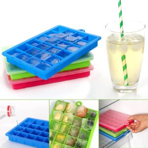 Ice Cube Trays Silicone - 3 Pack Silicone Ice Cube Trays Molds with Lid for Freezer, Removable and Stackable, 24 Ice Cubes Per Trays for Cocktail/Whisky/Beverages (Blue, Green, Rose Red)