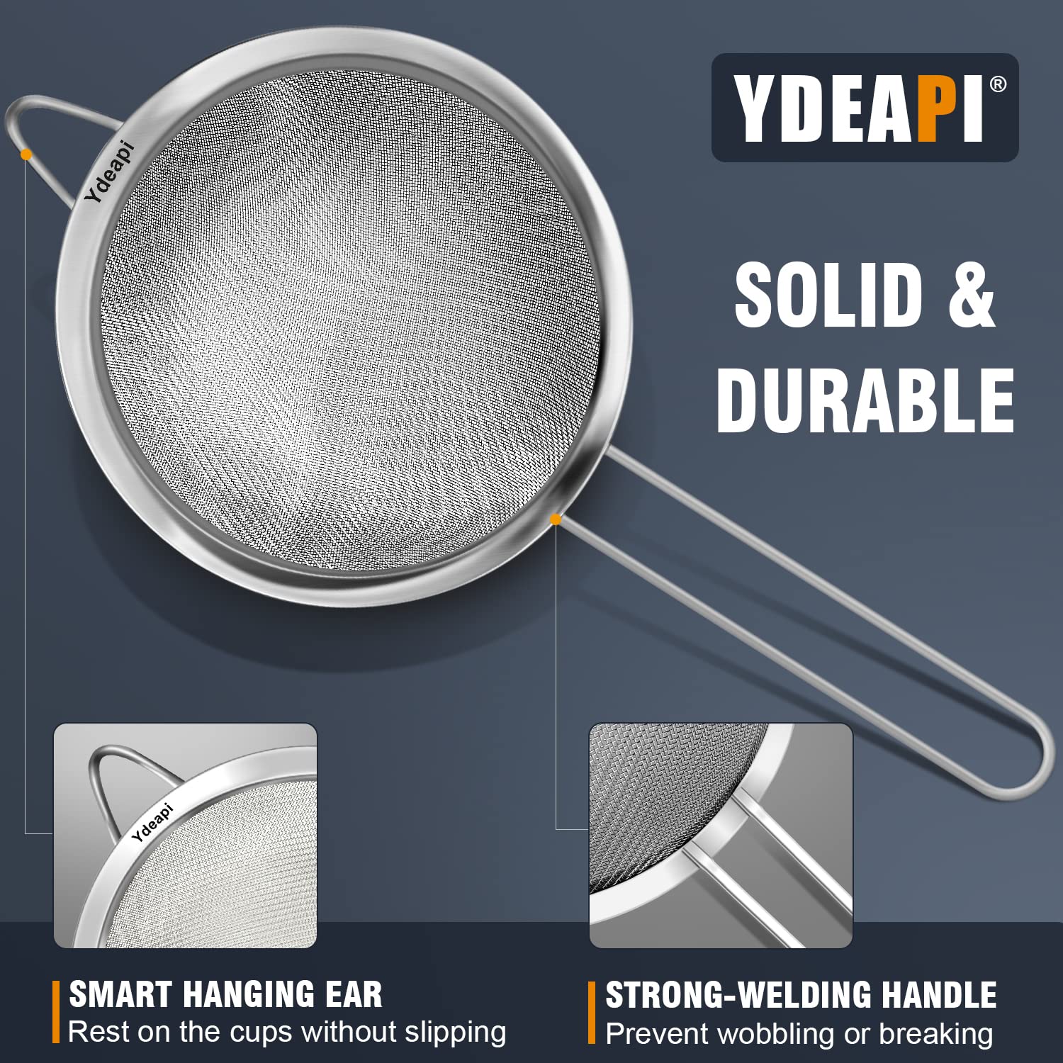 Ydeapi Fine Mesh Strainer, Stainless Steel Strainers with Sturdy Handle, Set of 3 Metal Sieve for Kitchen Food, Rice, Quinoa, Tea - 7", 4.7", 3"