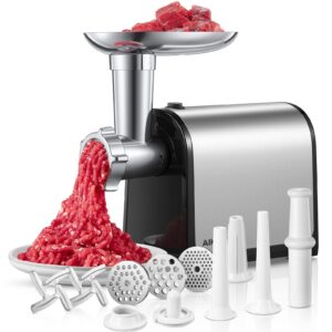 electric meat grinder, sausage stuffer with 3 sausage tubes, 2 blades, 3 plates, 2000w max, meat grinder heavy duty for home kitchen use, stainless steel (black)