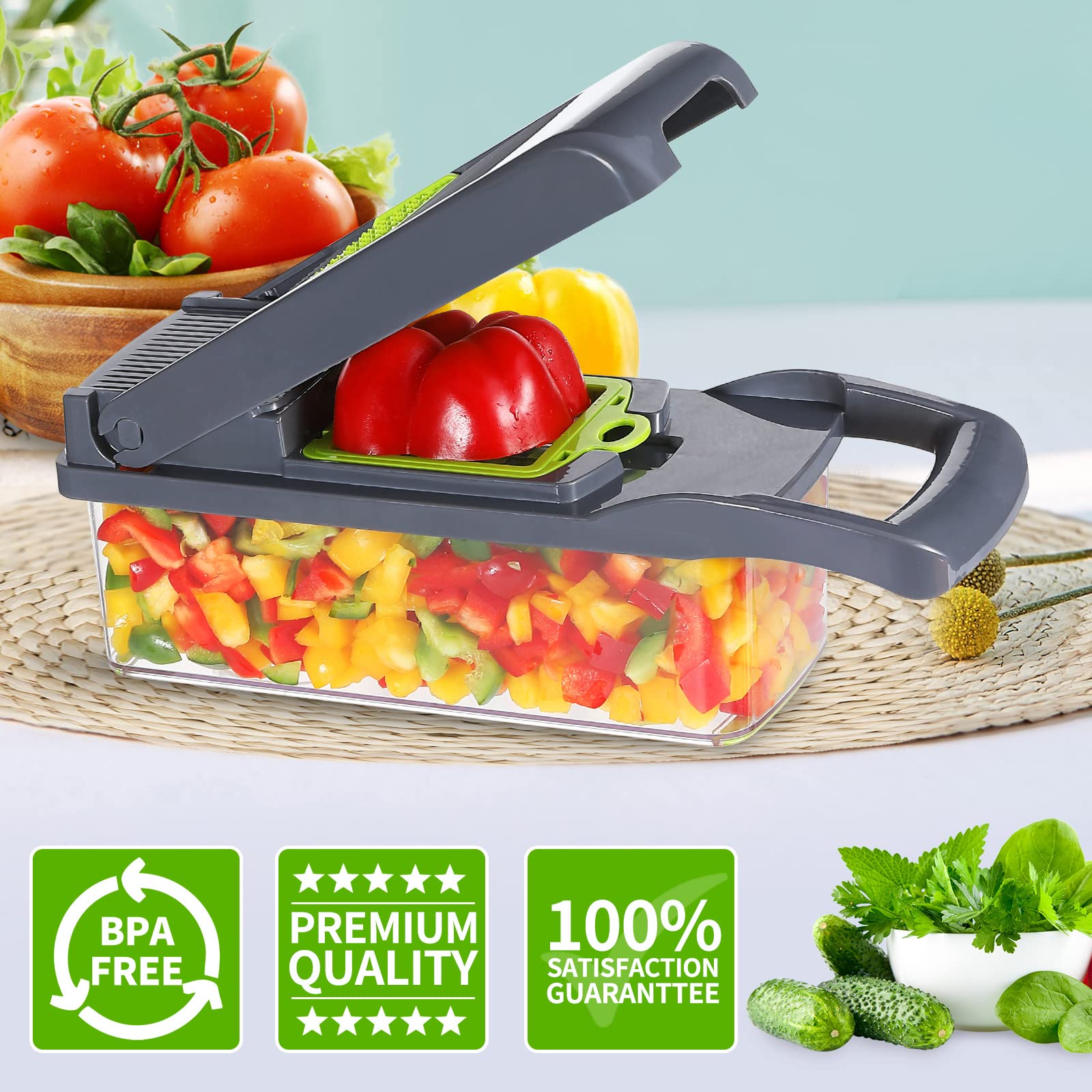 Premium Vegetable Chopper, 7 Blade Veggie Chopper, Cutter, Dicer, 12-in-1 Onion Chopper, Mandolin Slicer, Multifunctional Food Chopper with Container