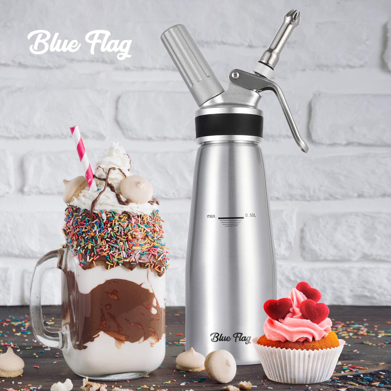 BLUE FLAG Professional Whipped Cream Dispenser 1 Pint Stainless Steel Cream Whipper Capacity Canister-Using 8g N2O Cream Chargers(Not include)