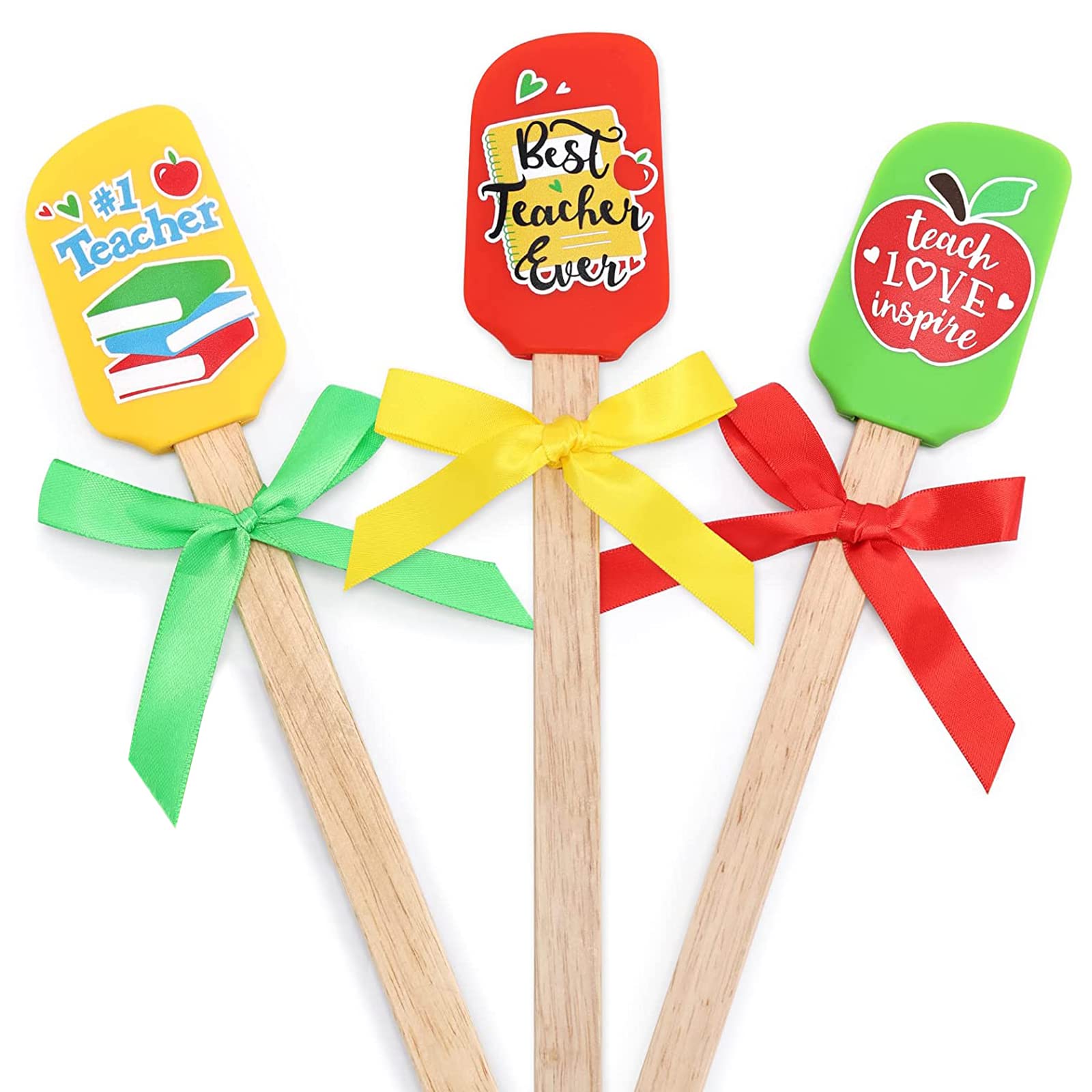 Silicone Spatulas Teacher Appreciation Gifts Thanksgiving Christmas End of Year Gifts Ideas, Thank You Teacher Apple Gift Card with Colorful Ribbon Bows Baking Gifts Kitchen Cooking Supplies Set of 3