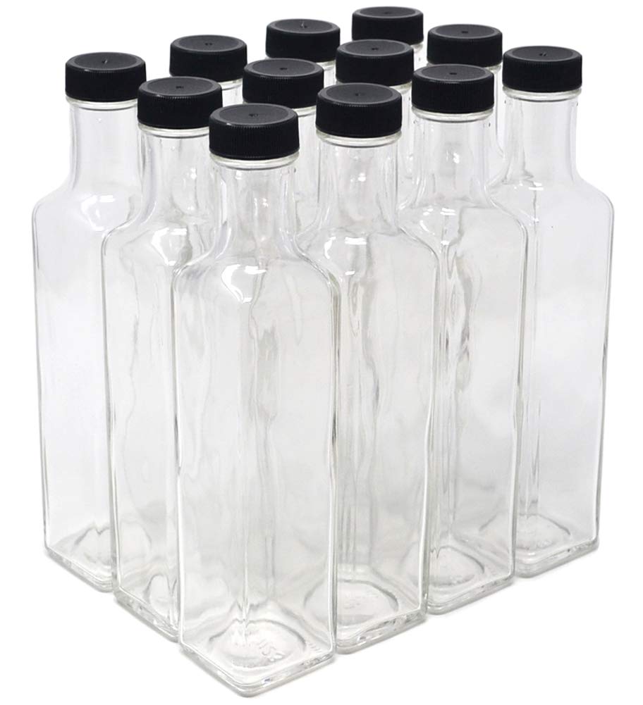 nicebottles - Clear Glass Quadra Bottles, 250ml, Black Caps (8.5 Fl Oz) - Case of 12