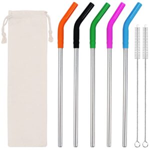 5 PCS Metal Straws with Silicone Tip, 8mm Wide Smoothie Straws, Reusable Stainless Steel Straws with 2 Cleaning Brushes,1 Portable Bag (Silver)