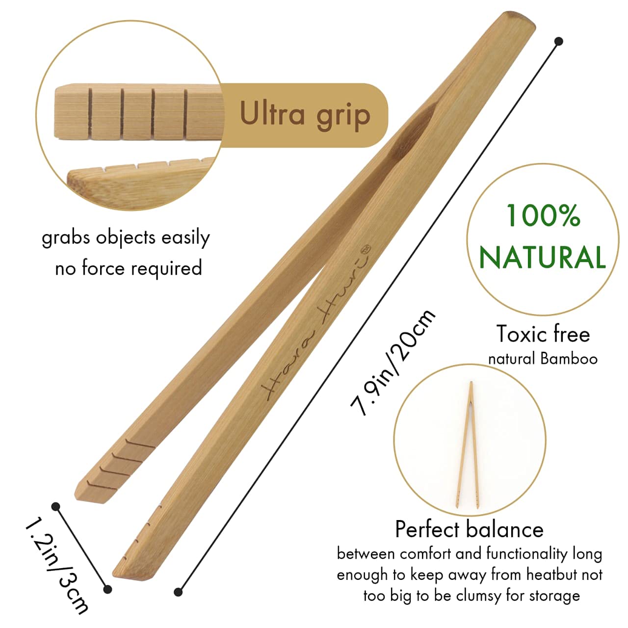 Hara Huri Bamboo Toaster Tongs - Set of 2 Reusable Heat Resistant Wooden Toast Tongs - 8 Inch Long Natural Wood Kitchen Utensil for Serving Pickle Muffin