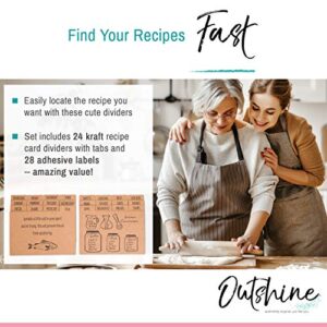 OUTSHINE Premium Kraft Recipe Cards Dividers 4x6 with Tabs (Set of 24) | Recipe Box Dividers Made of Thick Cardstock | Includes 28 Adhesive Labels and Printed Cooking Tips | Best Kitchen Gift