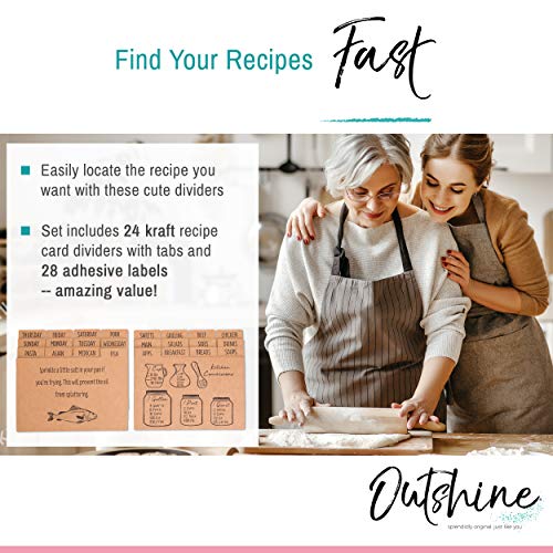 OUTSHINE Premium Kraft Recipe Cards Dividers 4x6 with Tabs (Set of 24) | Recipe Box Dividers Made of Thick Cardstock | Includes 28 Adhesive Labels and Printed Cooking Tips | Best Kitchen Gift