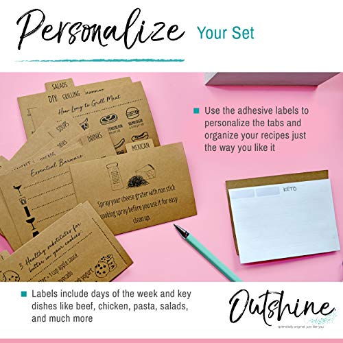 OUTSHINE Premium Kraft Recipe Cards Dividers 4x6 with Tabs (Set of 24) | Recipe Box Dividers Made of Thick Cardstock | Includes 28 Adhesive Labels and Printed Cooking Tips | Best Kitchen Gift