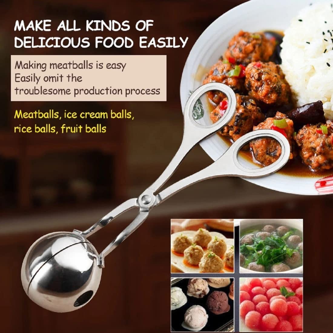 Meat Baller, Stainless Steel Meatball Maker with Anti-Slip Handles, 1.3" None-Stick Easy Meatballs Maker, Meat Baller Tongs Tool, Cake Pop Ice Scoop, Cookie Dough Scoop for Kitchen