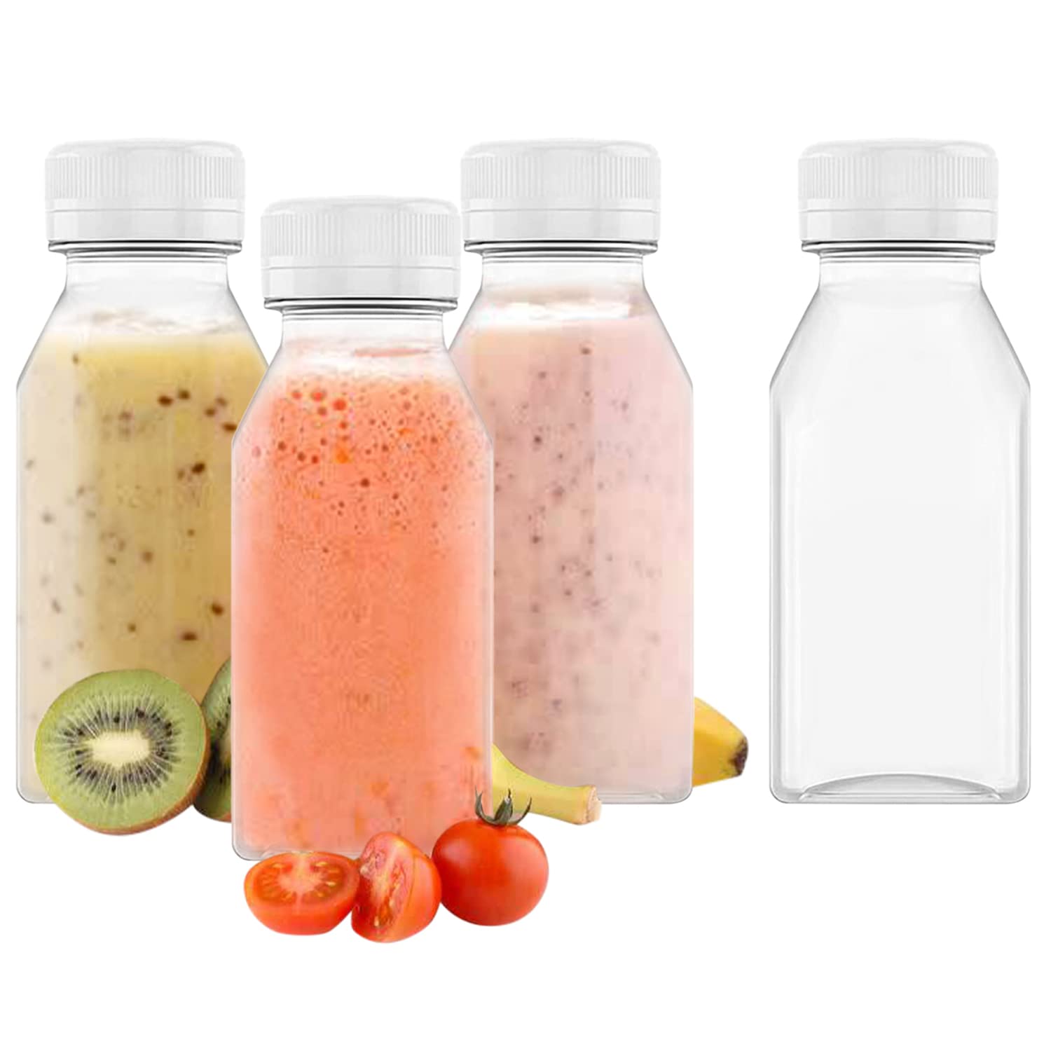 BallHull 8 OZ Plastic Juice Bottles with White lid, Reusable Clear Bulk Beverage Containers for Juice, Milk and Other Homemade Beverages, 4 Pcs.