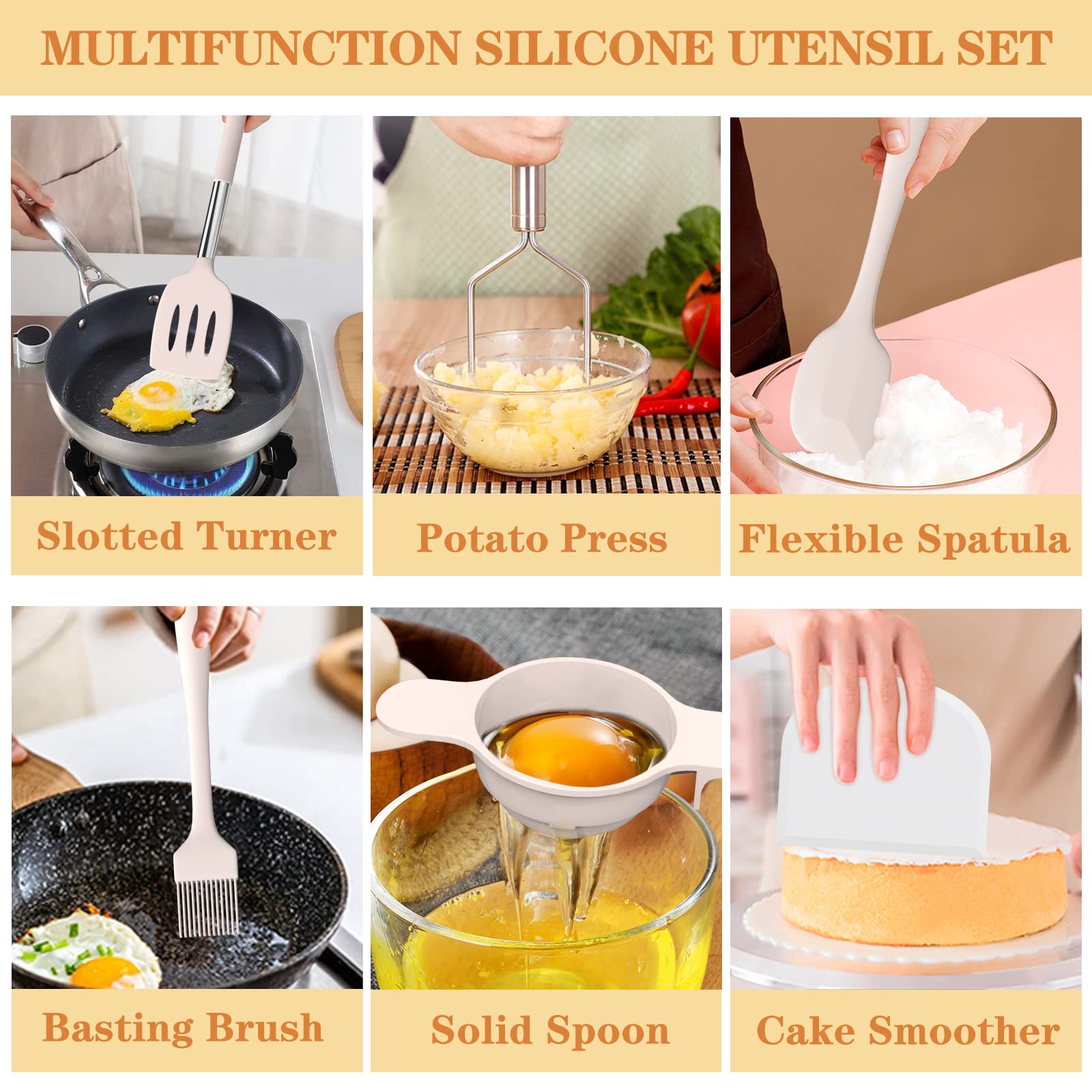 Silicone Cooking Utensil Set, Umite Chef 43 PCS Heat Resistant Kitchen Utensil Gadgets Set-Stainless Steel Handle- Kitchen Spatula Tools for Nonstick Cookware, Pots and Pans Accessories (Khaki)