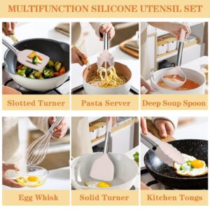 Silicone Cooking Utensil Set, Umite Chef 43 PCS Heat Resistant Kitchen Utensil Gadgets Set-Stainless Steel Handle- Kitchen Spatula Tools for Nonstick Cookware, Pots and Pans Accessories (Khaki)