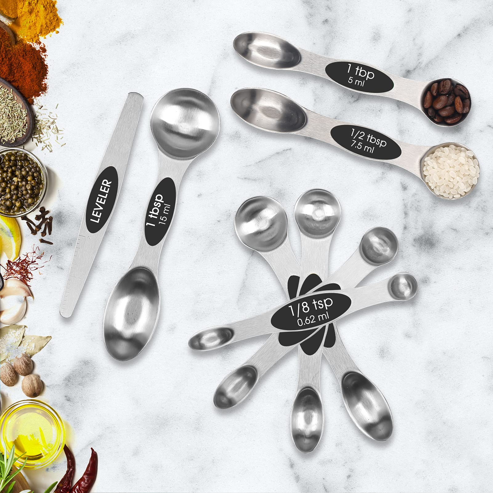 Measuring Spoons Set, Dual Sided Stainless Steel Magnetic Measuring Spoon, Fits in Spice Jars, Black, Set of 8