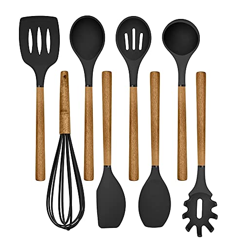 Country Kitchen 8 pc Non Stick Silicone Utensil Set with Rounded Wood Handles for Cooking and Baking - White