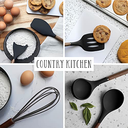 Country Kitchen 8 pc Non Stick Silicone Utensil Set with Rounded Wood Handles for Cooking and Baking - White