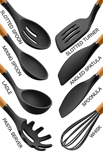 Country Kitchen 8 pc Non Stick Silicone Utensil Set with Rounded Wood Handles for Cooking and Baking - White