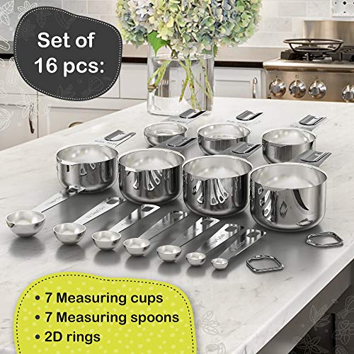 Stainless Steel Measuring Cups and Spoons Set of 16 Pieces — 7 Nesting Cups and 7 Stackable Spoons + 2 D Rings — Professional Portable and Sturdy Metal Measuring Set for Liquid Wet and Dry Ingredients