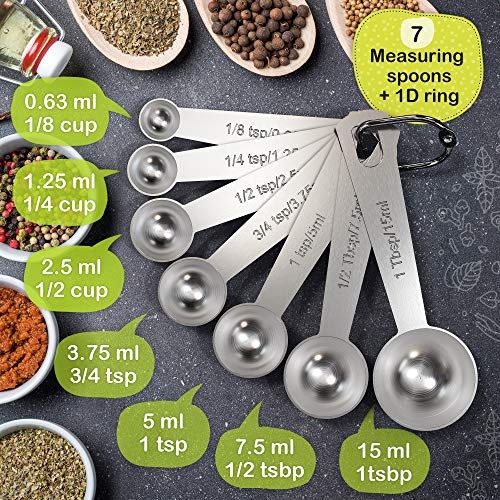 Stainless Steel Measuring Cups and Spoons Set of 16 Pieces — 7 Nesting Cups and 7 Stackable Spoons + 2 D Rings — Professional Portable and Sturdy Metal Measuring Set for Liquid Wet and Dry Ingredients