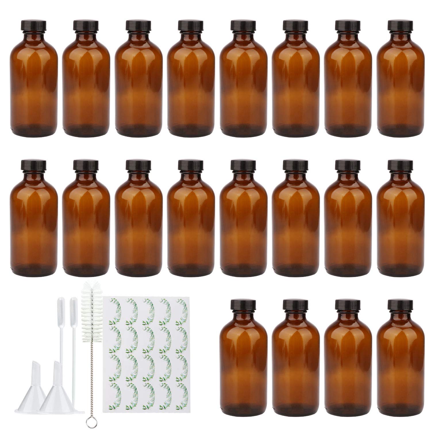 Maredash 8oz Amber Glass Bottles, 20 Pack Glass Storage Bottles with Black Lids (Brown, 20 Labels, with Funnels, Droppers and Brush)