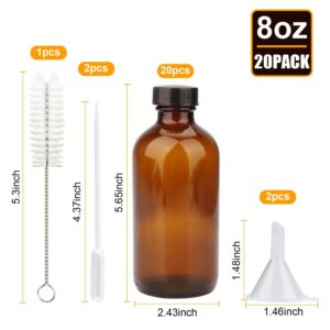 Maredash 8oz Amber Glass Bottles, 20 Pack Glass Storage Bottles with Black Lids (Brown, 20 Labels, with Funnels, Droppers and Brush)