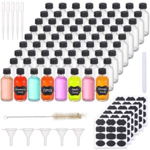 72, 2oz small clear glass bottles with lids boston round sample bottles for essential oil vanilla hot sauce juice whiskey bourbon liquid come with 5 funnels,5 droppers,72 labels,1brush&chalk marker