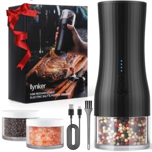 electric automatic salt or pepper grinder, pepper or salt mill grinder usb rechargeable, upgraded ultra-larger capacity with 3 replaceable container, led light, one hand operated