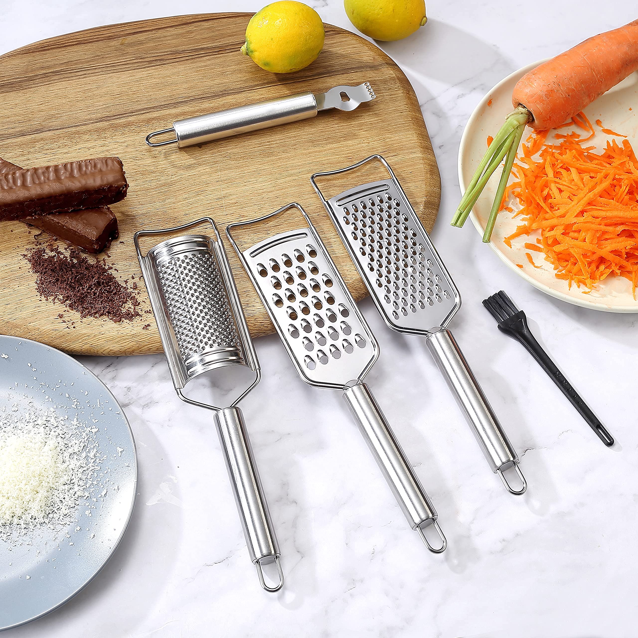 Tongjude Stainless Steel Cheese Grater Set, Set of 5 Kitchen Grater & Peeler & Slicer, Lemon Zester with Cleaning Brush for Vegetable, Fruit, Chocolate