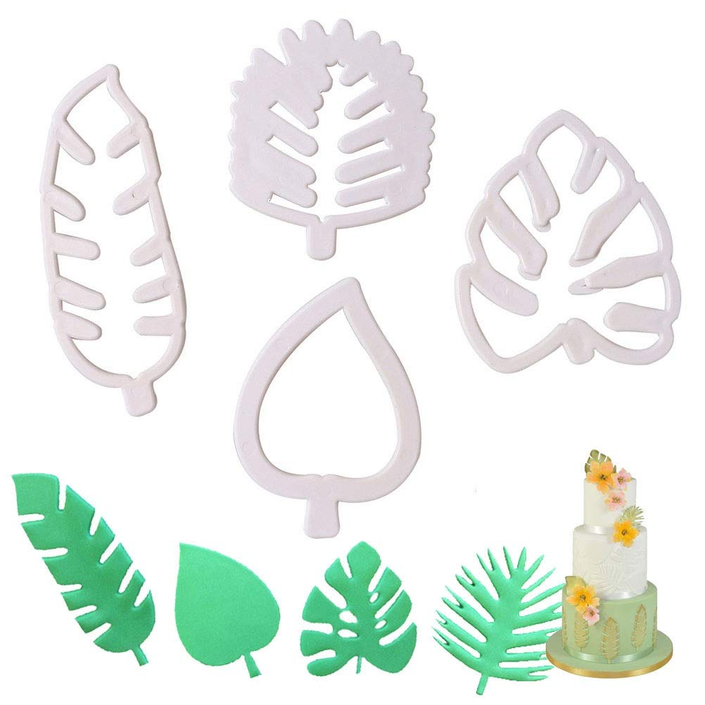 4 pcs Tropical Leaf Cookie Cutter, Palm Leaves Fondant Cutters Mold Hawaiian Green Fondant Leaf Cookie Cutter for Gum Paste, Sugarcraft Candy, Luau Cake Decorating