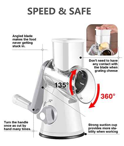 Ancevsk Rotary Cheese Grater Shredder with Strong Suction Base, Kitchen Speed Hand Crank Vegetable Slicer, Potato Hash Brown Shredder Nut Grinder with 3 Replaceable Stainless Steel Drum Blades (White)