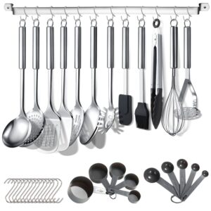 berglander kitchen utensils set 38 pieces, stainless steel cooking utensils set, kitchen gadgets cookware, kitchen tool set with utensil holder rack and hooks for hanging dishwasher safe