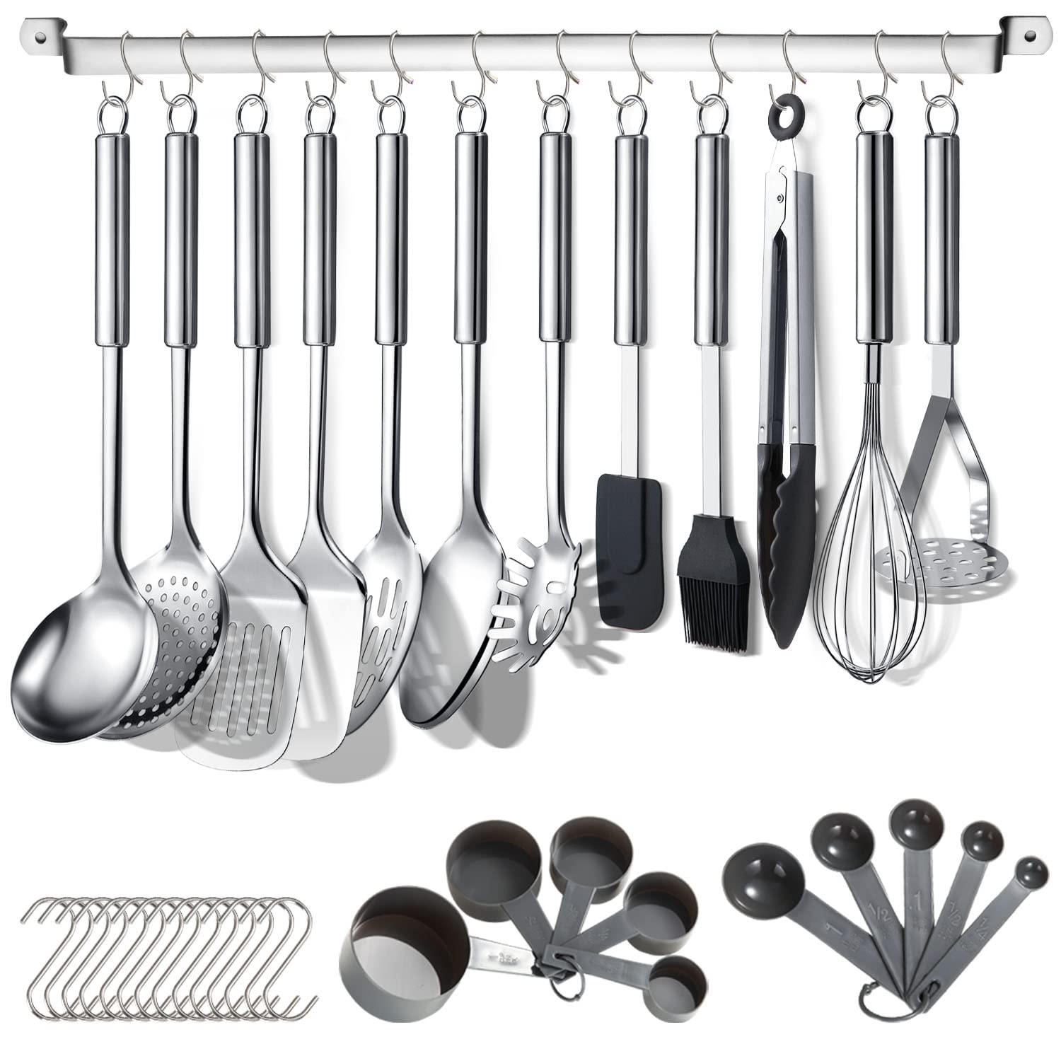 Berglander Kitchen Utensils Set 38 Pieces, Stainless Steel Cooking Utensils Set, Kitchen Gadgets Cookware, Kitchen Tool Set with Utensil Holder Rack And Hooks For Hanging Dishwasher Safe