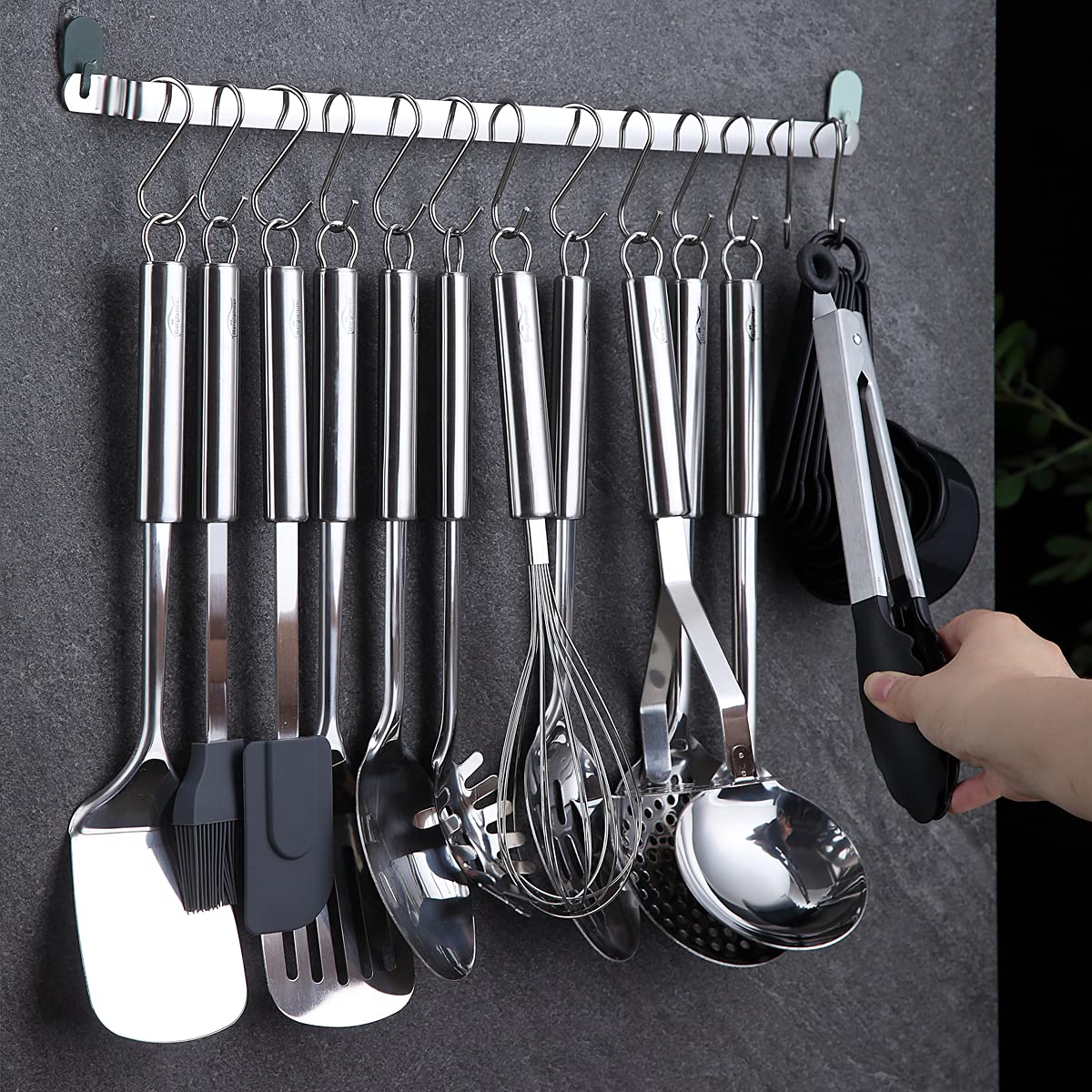 Berglander Kitchen Utensils Set 38 Pieces, Stainless Steel Cooking Utensils Set, Kitchen Gadgets Cookware, Kitchen Tool Set with Utensil Holder Rack And Hooks For Hanging Dishwasher Safe