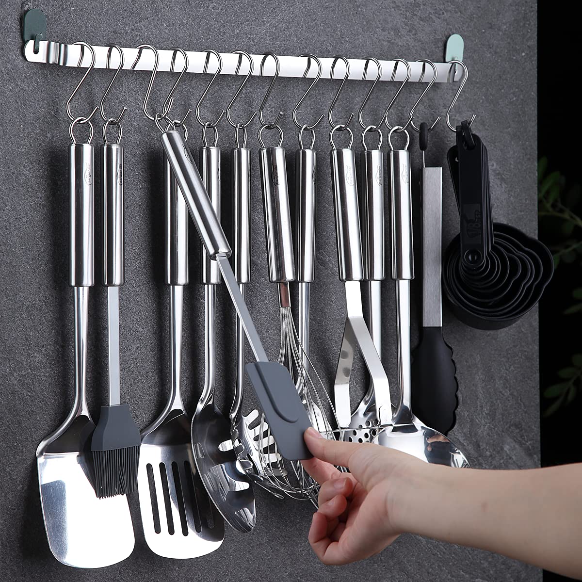 Berglander Kitchen Utensils Set 38 Pieces, Stainless Steel Cooking Utensils Set, Kitchen Gadgets Cookware, Kitchen Tool Set with Utensil Holder Rack And Hooks For Hanging Dishwasher Safe