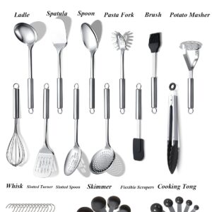 Berglander Kitchen Utensils Set 38 Pieces, Stainless Steel Cooking Utensils Set, Kitchen Gadgets Cookware, Kitchen Tool Set with Utensil Holder Rack And Hooks For Hanging Dishwasher Safe