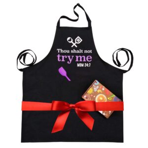 FixGrub Cooking Apron for Mom with Spatula and Gift Box, Funny Kitchen Apron with 3 Pockets, Mom Gift, Cute Apron, Mother's Day Gift (Thou Shalt Not Try Me)