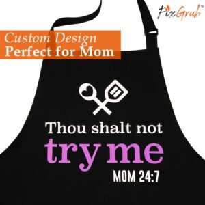 FixGrub Cooking Apron for Mom with Spatula and Gift Box, Funny Kitchen Apron with 3 Pockets, Mom Gift, Cute Apron, Mother's Day Gift (Thou Shalt Not Try Me)