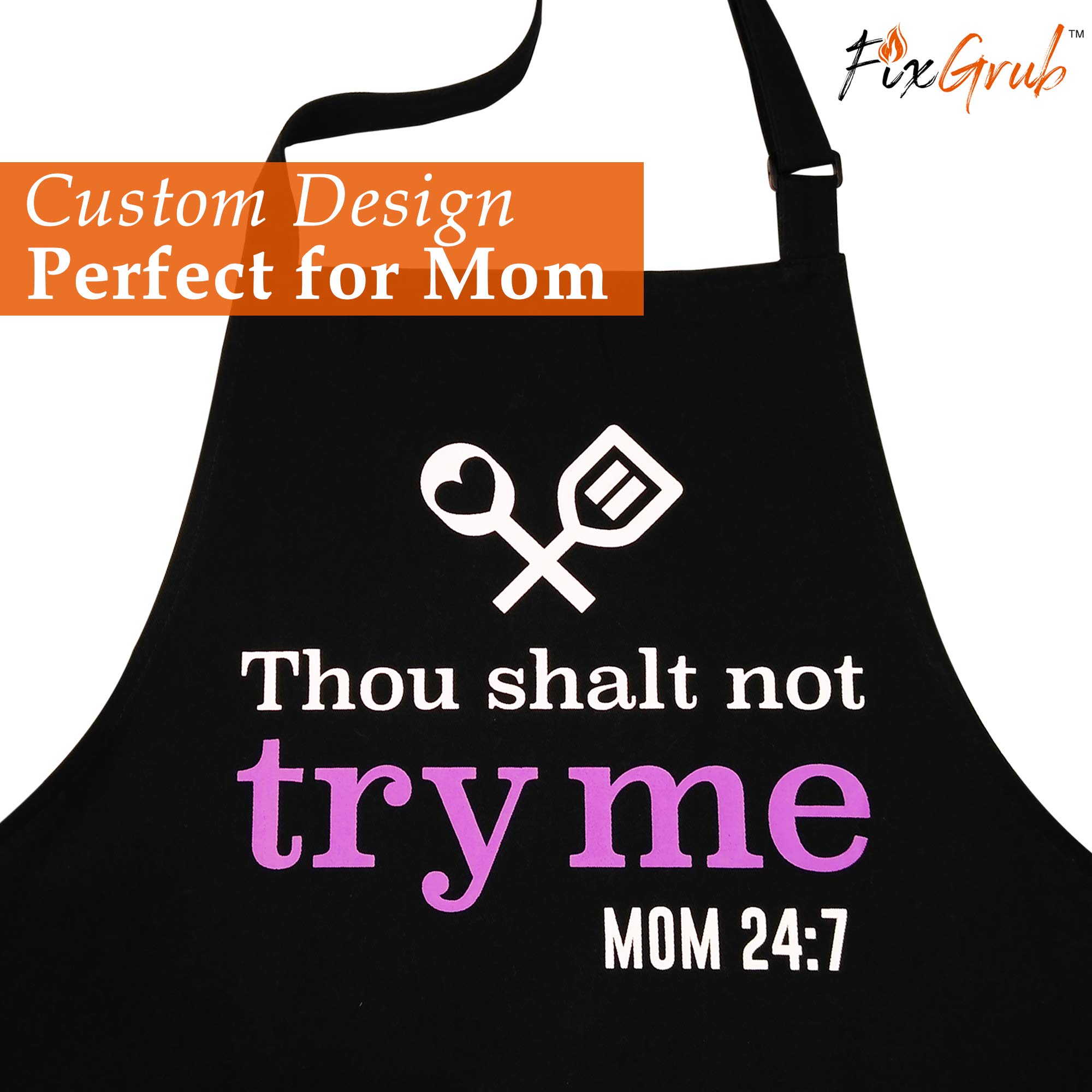 FixGrub Cooking Apron for Mom with Spatula and Gift Box, Funny Kitchen Apron with 3 Pockets, Mom Gift, Cute Apron, Mother's Day Gift (Thou Shalt Not Try Me)