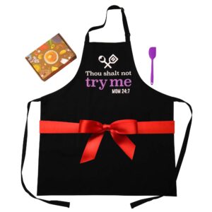 FixGrub Cooking Apron for Mom with Spatula and Gift Box, Funny Kitchen Apron with 3 Pockets, Mom Gift, Cute Apron, Mother's Day Gift (Thou Shalt Not Try Me)