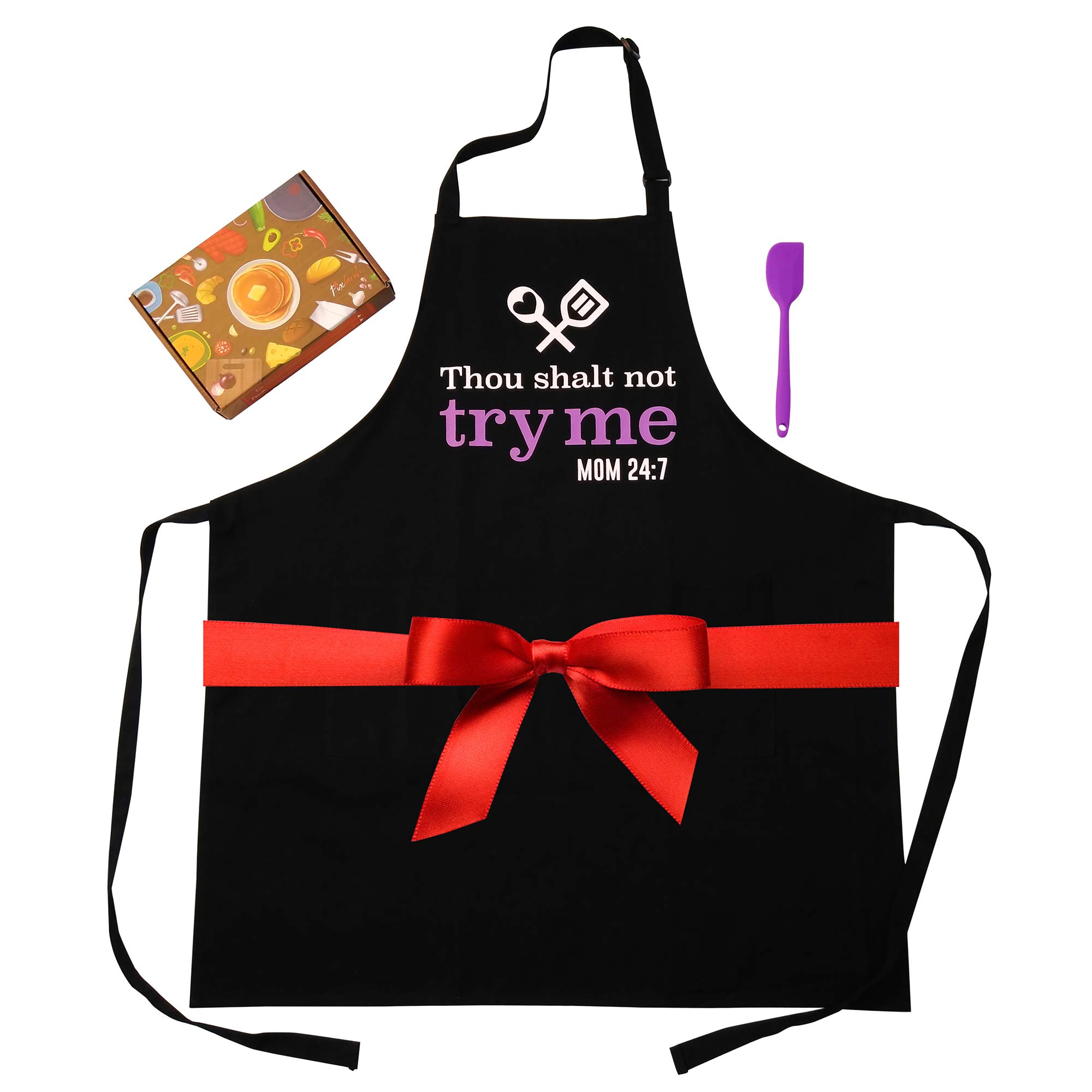 FixGrub Cooking Apron for Mom with Spatula and Gift Box, Funny Kitchen Apron with 3 Pockets, Mom Gift, Cute Apron, Mother's Day Gift (Thou Shalt Not Try Me)