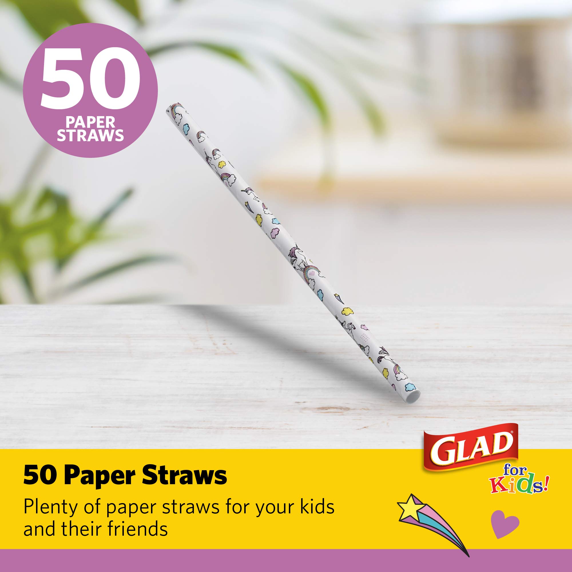 GLAD for Kids Paper Straws | Unicorn Paper Straws With Fun and Adorable Design for Kids | 50 Count Disposable Paper Straws for Drinking | Drinking Straws for Kids