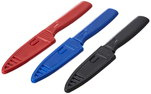 Mercer Culinary Non-Stick Paring Knives with ABS Sheaths, 4 Inch, Red/Blue/Black, 3 Pack