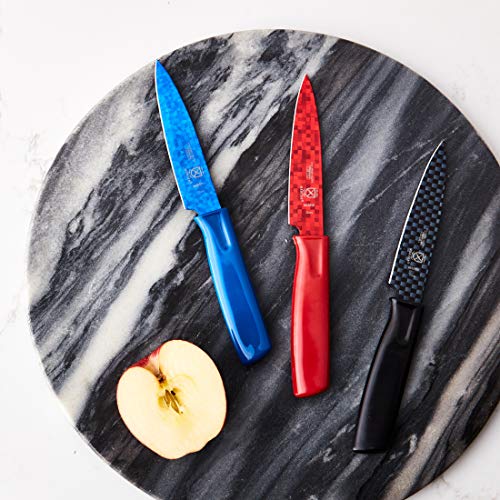 Mercer Culinary Non-Stick Paring Knives with ABS Sheaths, 4 Inch, Red/Blue/Black, 3 Pack