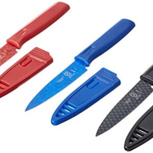 Mercer Culinary Non-Stick Paring Knives with ABS Sheaths, 4 Inch, Red/Blue/Black, 3 Pack