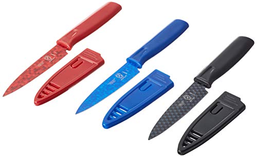 Mercer Culinary Non-Stick Paring Knives with ABS Sheaths, 4 Inch, Red/Blue/Black, 3 Pack