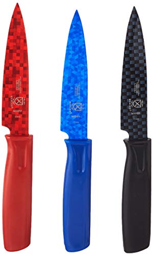 Mercer Culinary Non-Stick Paring Knives with ABS Sheaths, 4 Inch, Red/Blue/Black, 3 Pack